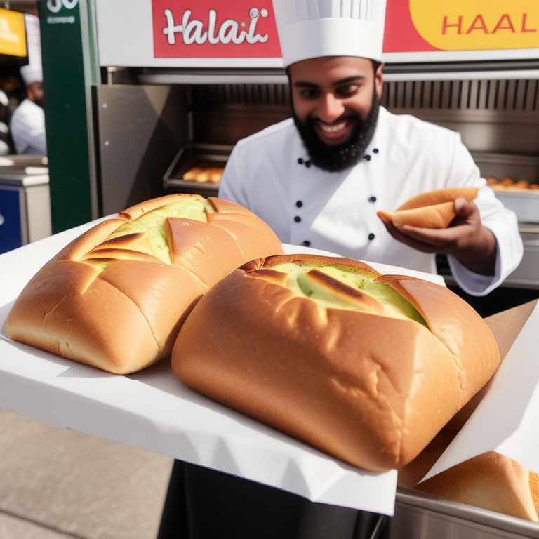 Deliciously Baked Halal Bread Showcased by a Smiling Chef at Market