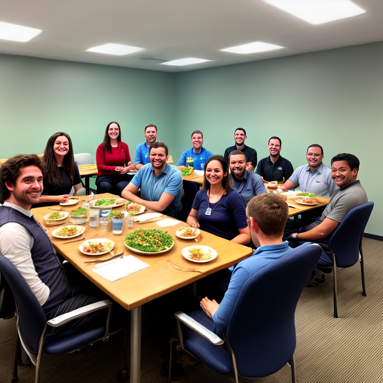 A group of colleagues enjoying a healthy lunch together, showcasing the ...