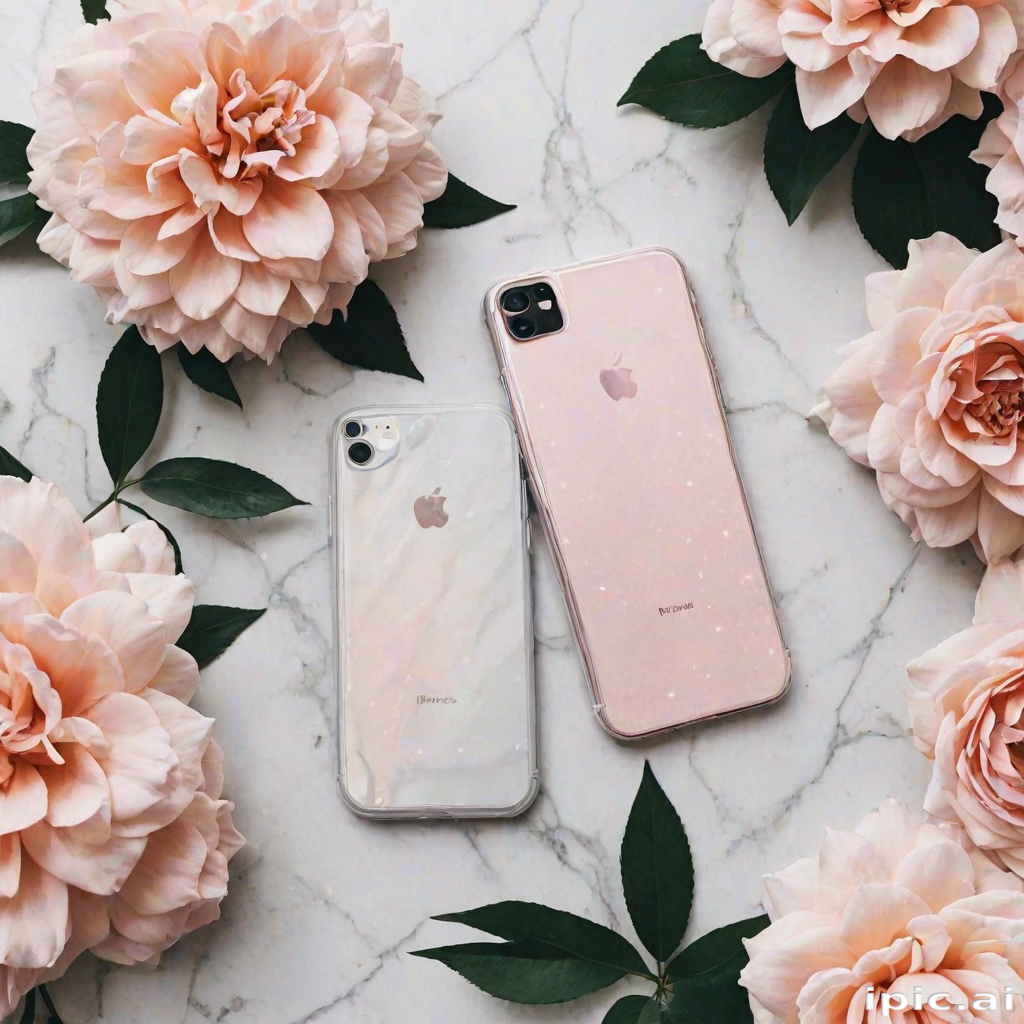 Elegant Floral Arrangement Featuring Two Stylish iPhones on Marble Surface
