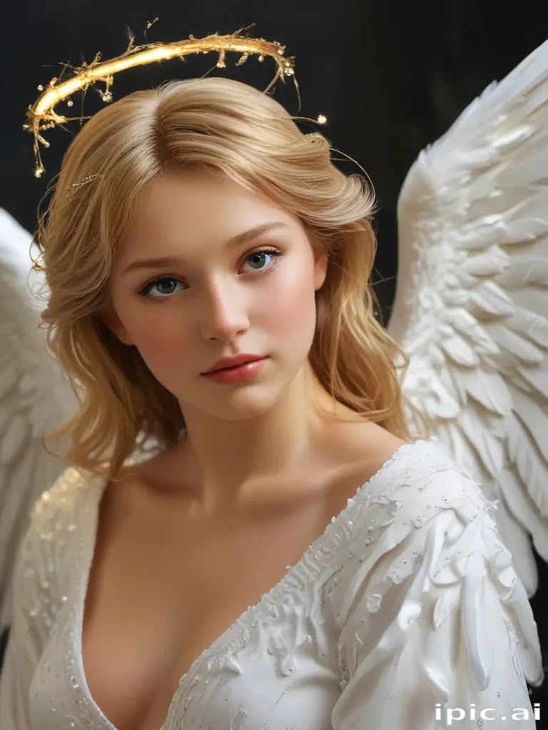 A Serene Angelic Figure with Radiant Halo and Graceful Wings