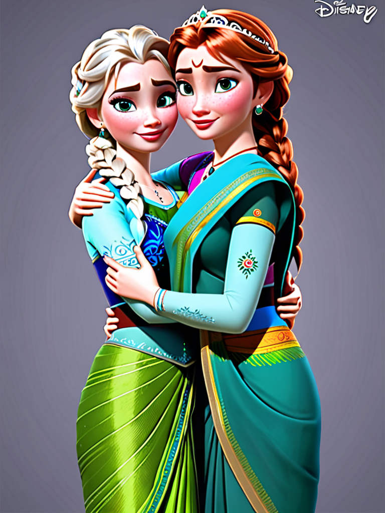 Elsa and Anna together hugs in saree indian 3D Disney