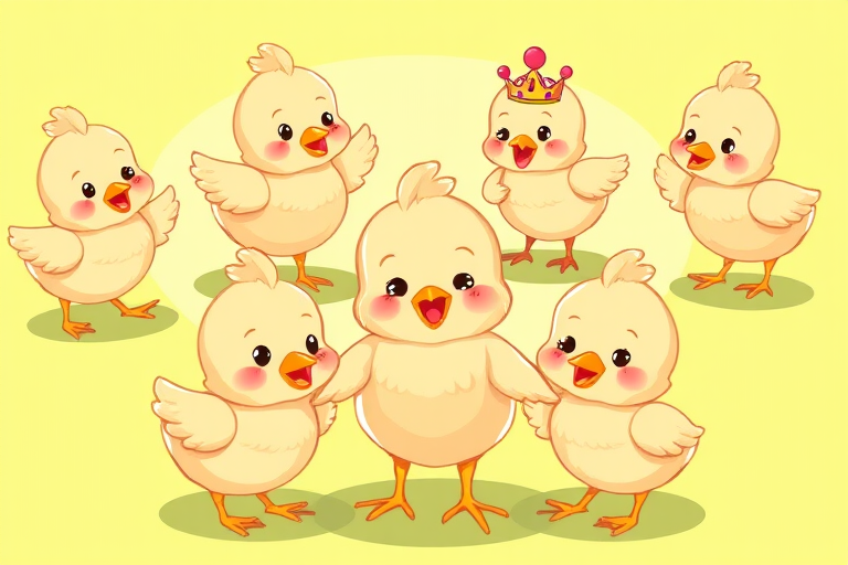 Create a vibrant illustration of cartoon chicks in various playful ...