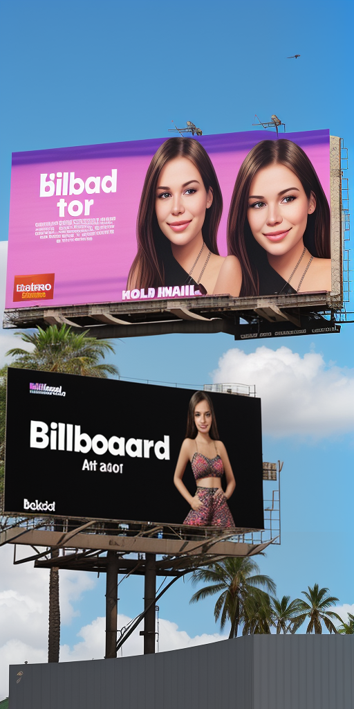 Colorful Billboards Featuring Two Models Against a Bright Sky Background
