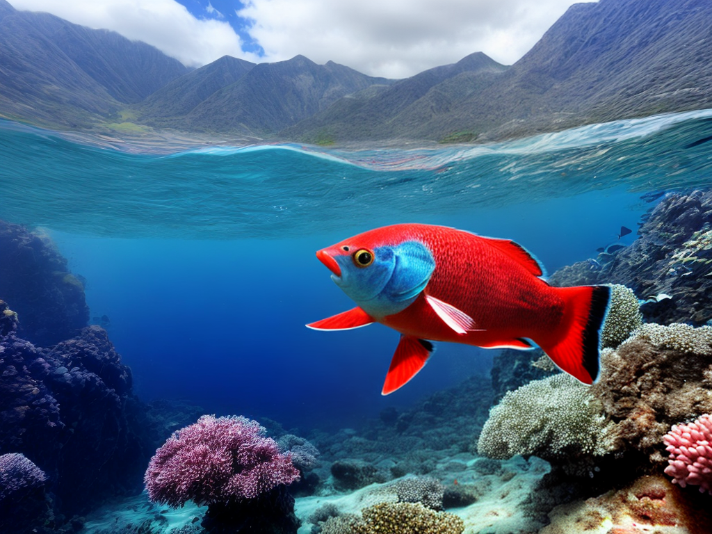 Picture of a cat with red snorkel gear, ocean setting, colourful fish