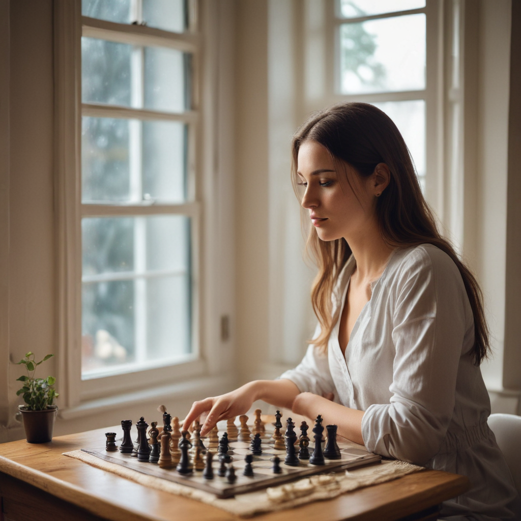 woman playing chess in front of a window
