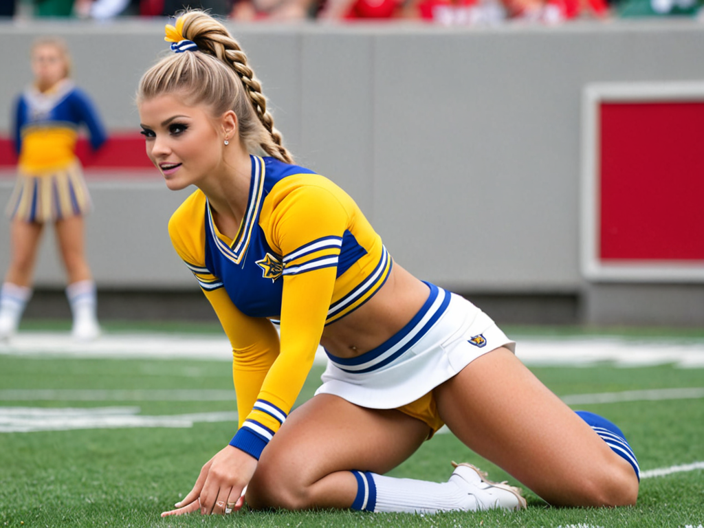 cheerleader, yellow uniform, knee socks, blonde braided hair, bending over. spreading legs, back ...
