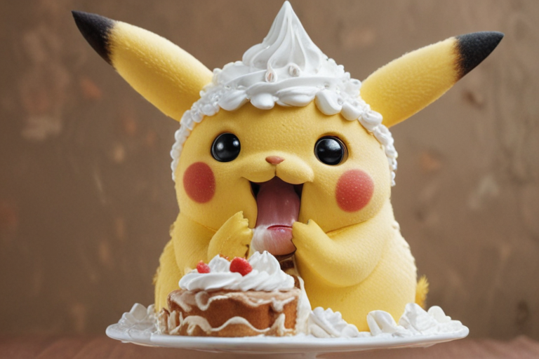 Fat Pikachu eating a cake with whip cream all over his face