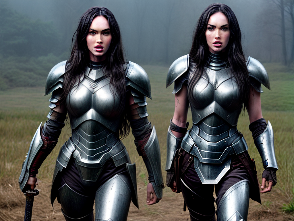 Megan Fox in a battle armor , iron , sword , shield