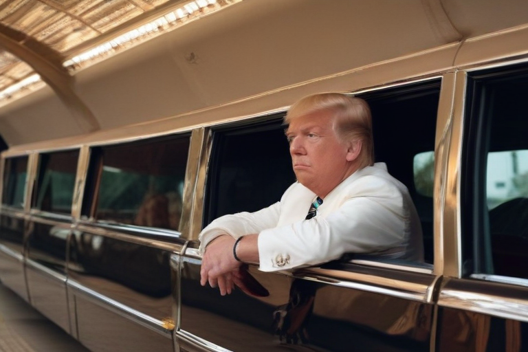Donald Trump sitting in a luxurious limo, looking out the window as it ...
