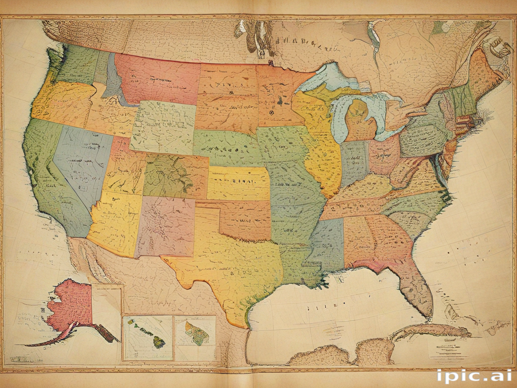 Historical Map of the United States Featuring States and Territories in ...