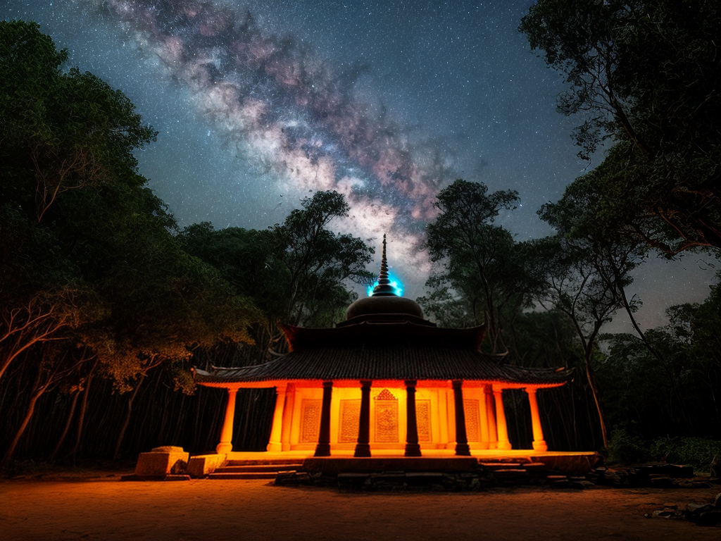 An indian temple in forest at night