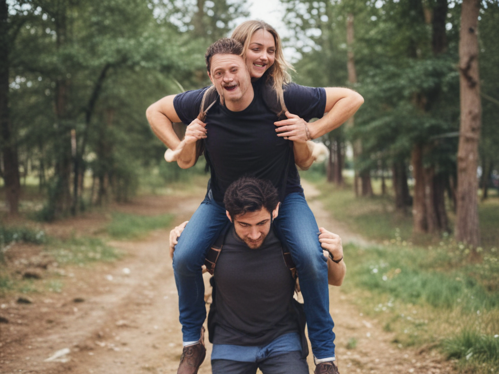 A person getting a piggyback ride from a person getting a piggyback ride