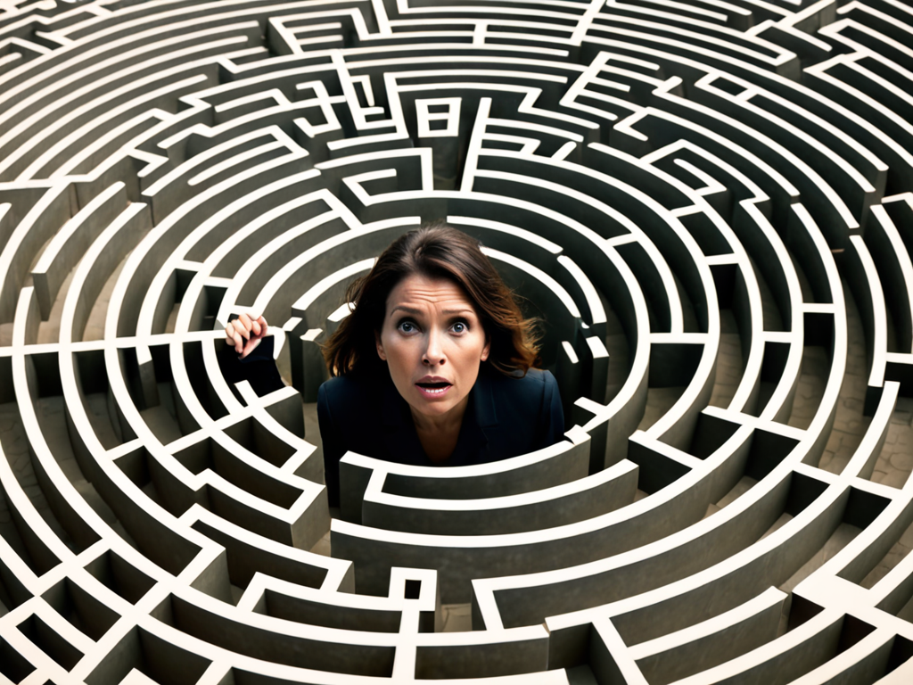 A woman lost in a big long maze in a storm.