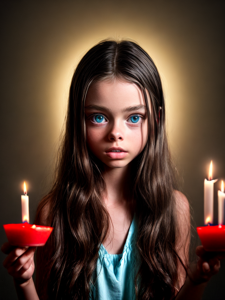 Meika woollard with big eyes in a dark room lit by candles