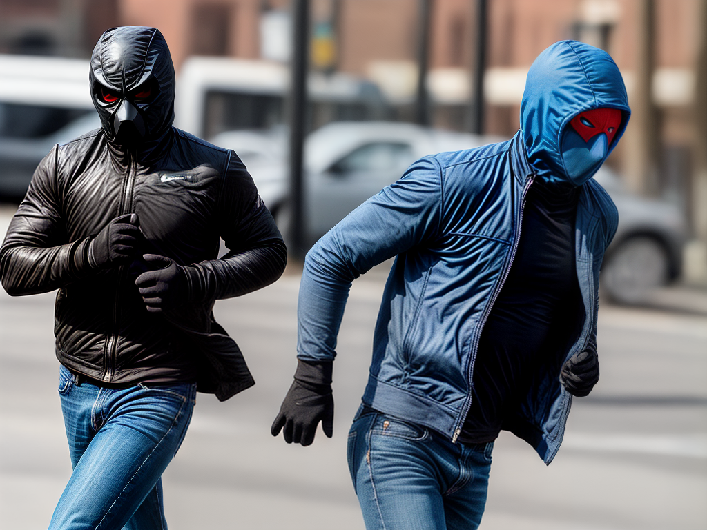 masked man in mugger's mask is chasing an honest man who runs to avoid ...