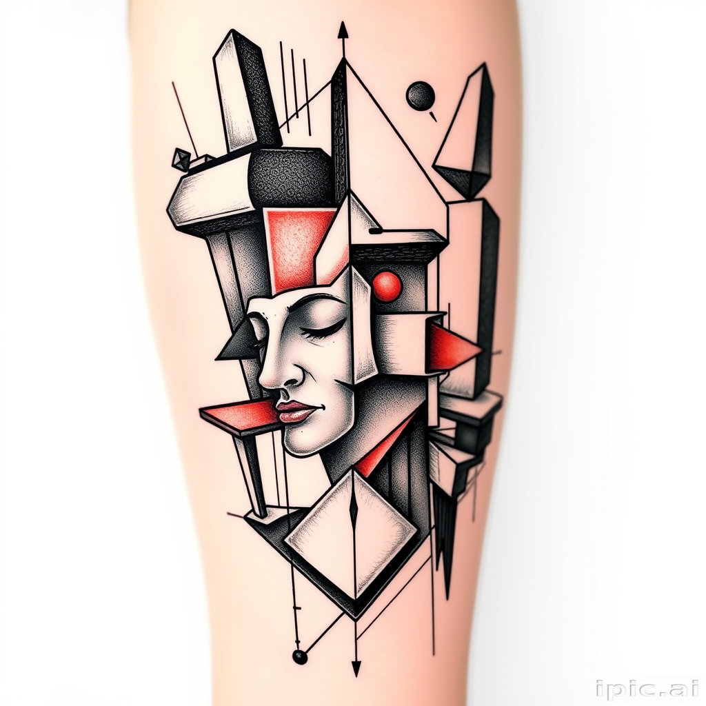 Abstract Geometric Tattoo Featuring a Stylized Face and Bold Shapes