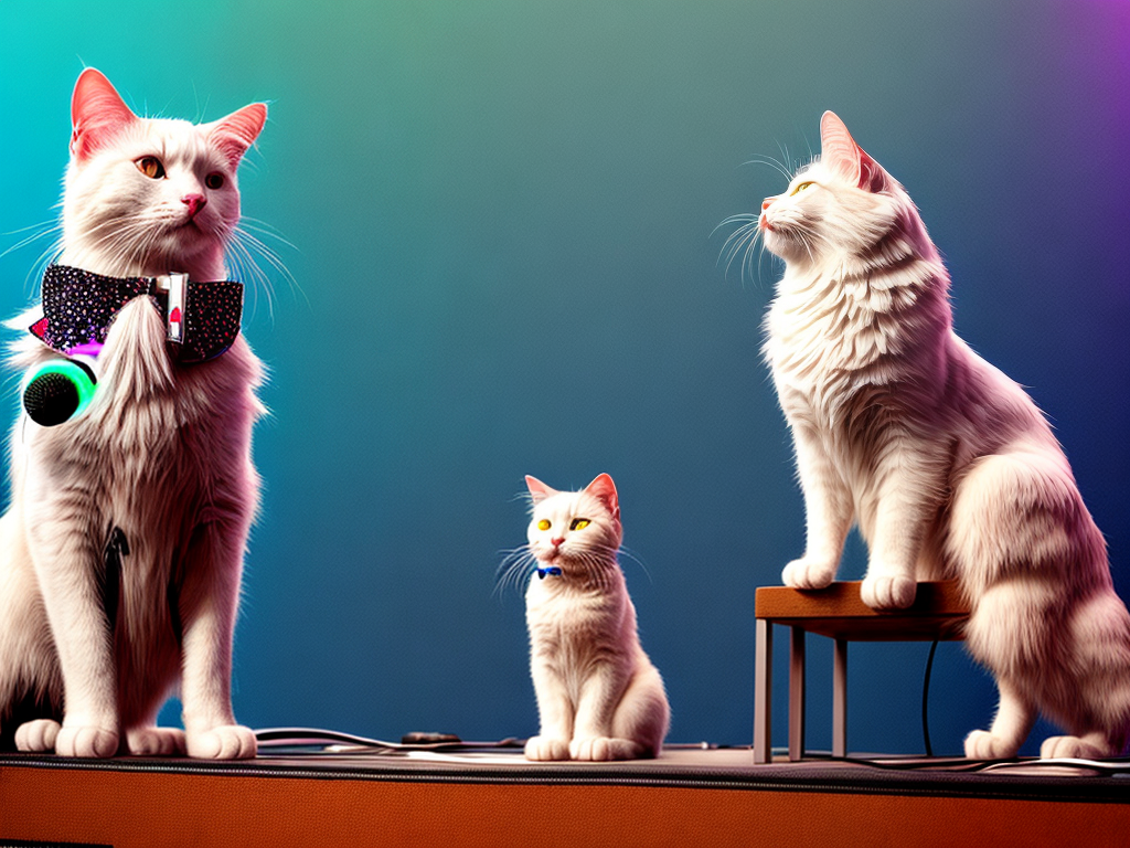 white cat singing on stage with a microphone, rock band in background