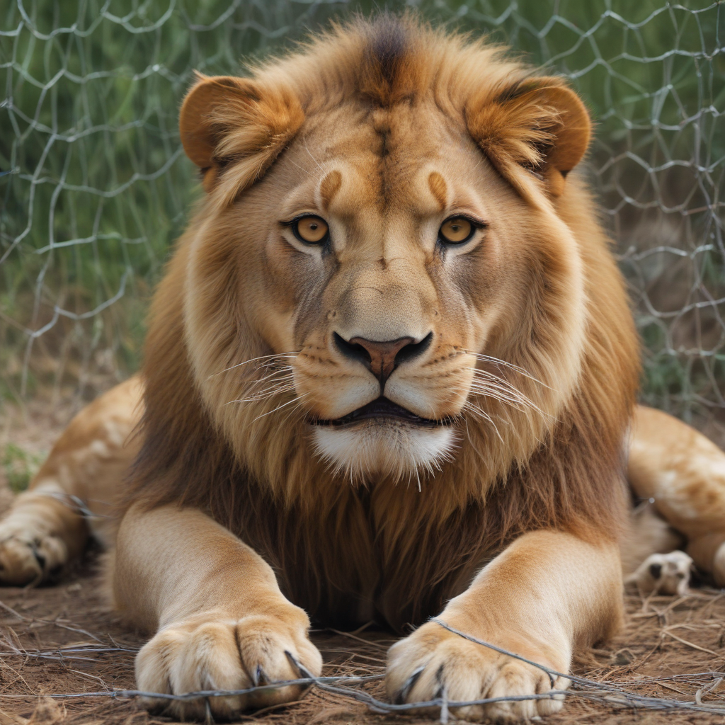 lion scared because stuck in net