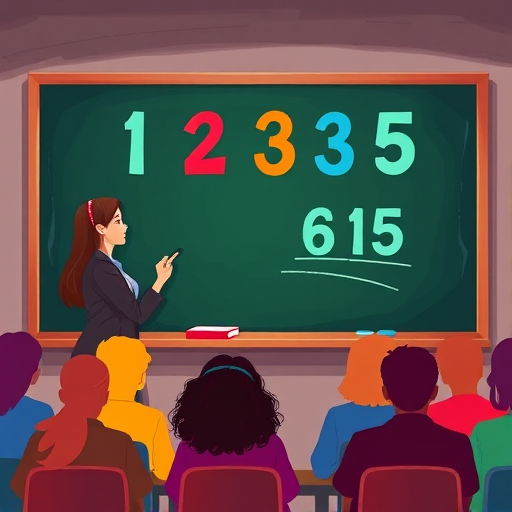 create an illustration of a teacher presenting numbers on a chalkboard ...