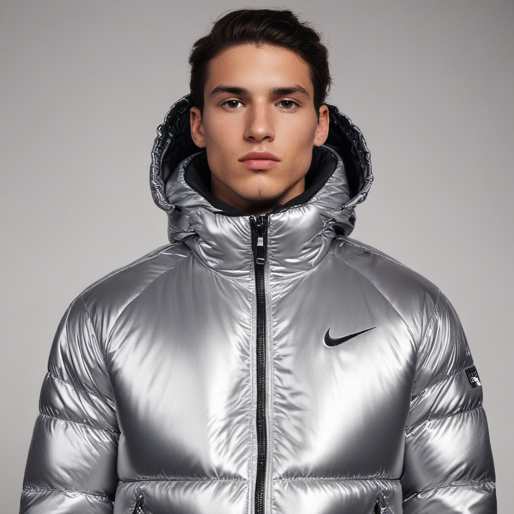 male supermodel nike shiny super puffer jacket bling jewellery hood