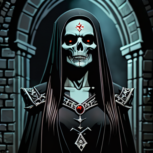 pale undead attractive woman necromancer in dark crypt fantasy