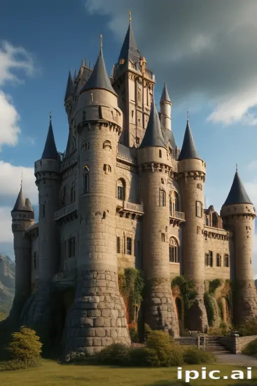 A Majestic Fairytale Castle Surrounded by Lush Greenery and Mountains
