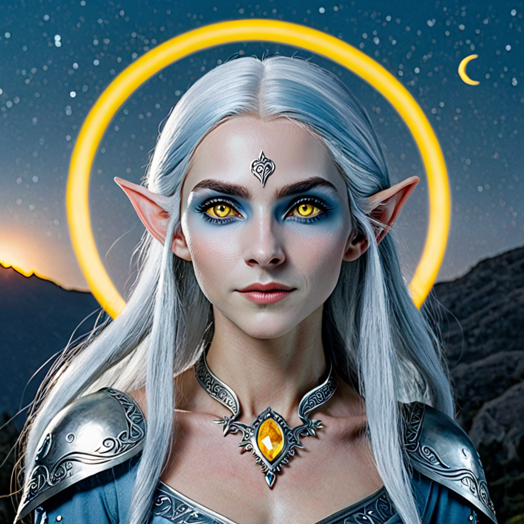 a female elf with very pale blue skin and silver hair with white ...