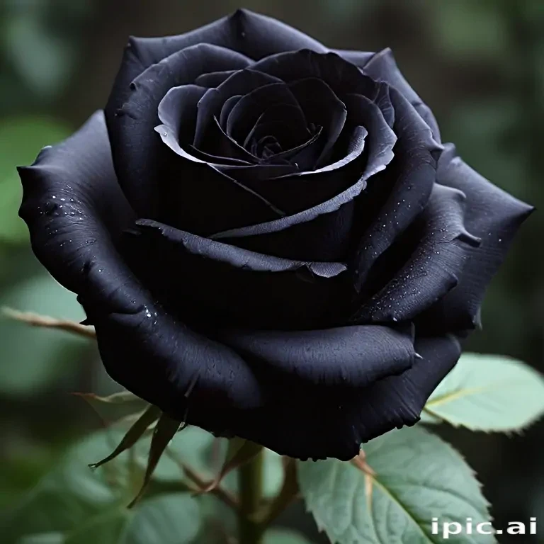 A Beautiful Black Rose with Dew Drops Against a Lush Green Background.