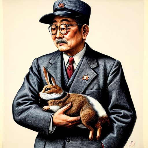 pro-japan propaganda poster with image of Hideki Tojo holding a rabbit