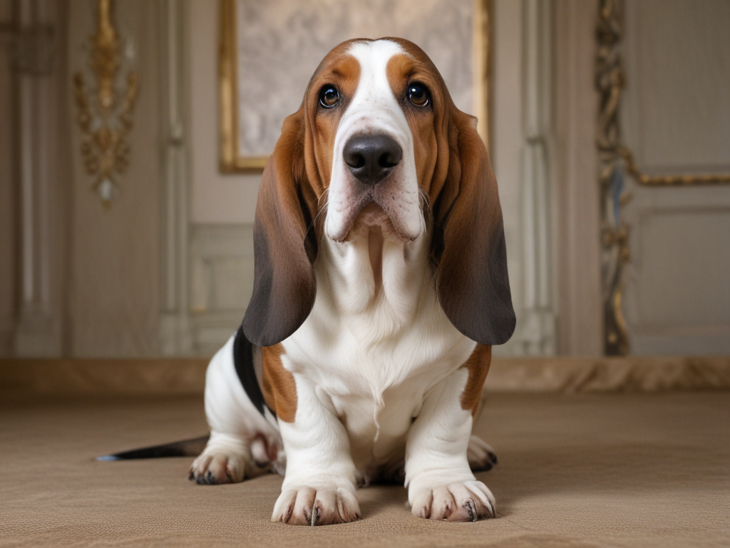 A Charming Basset Hound Posing Elegantly in a Luxurious Indoor Setting.