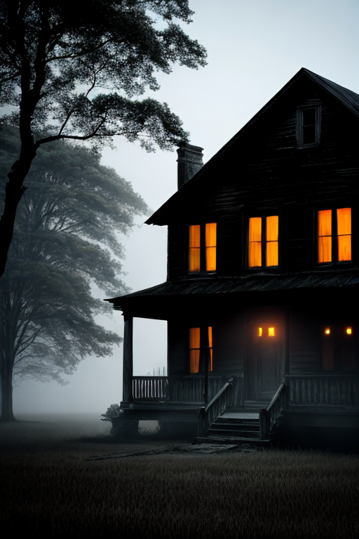a spooky old house with a single light on and shrouded in mist at night