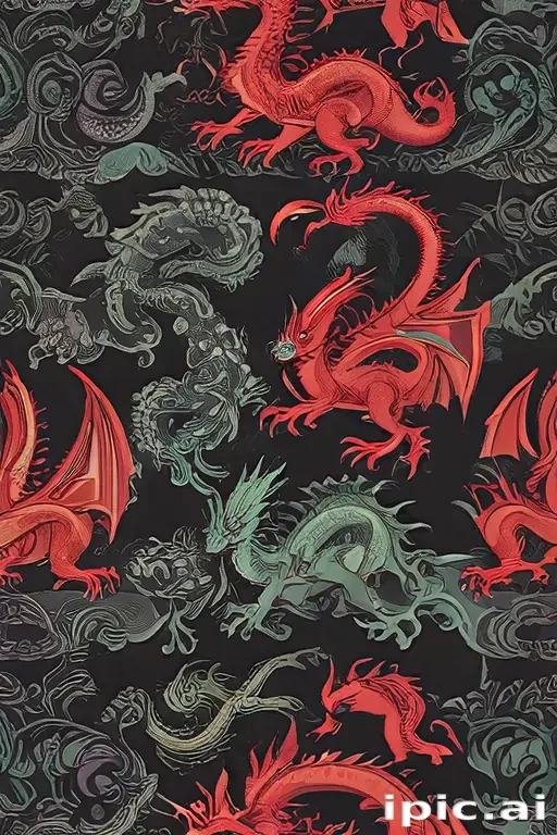 Colorful Dragons in Intricate Patterns Against a Dark Background Design