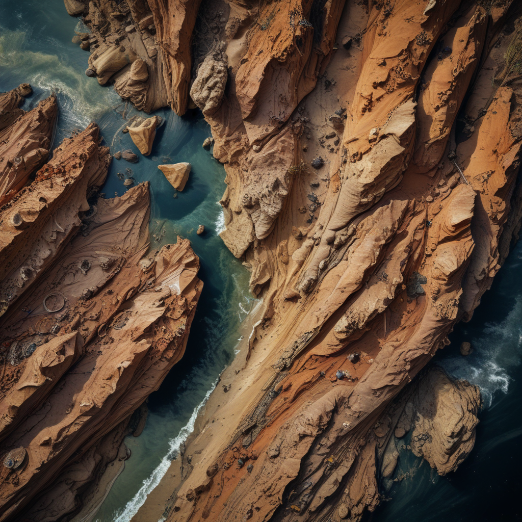 Stunning Aerial View of Rugged Red Rock Formations Along Serene Waterway