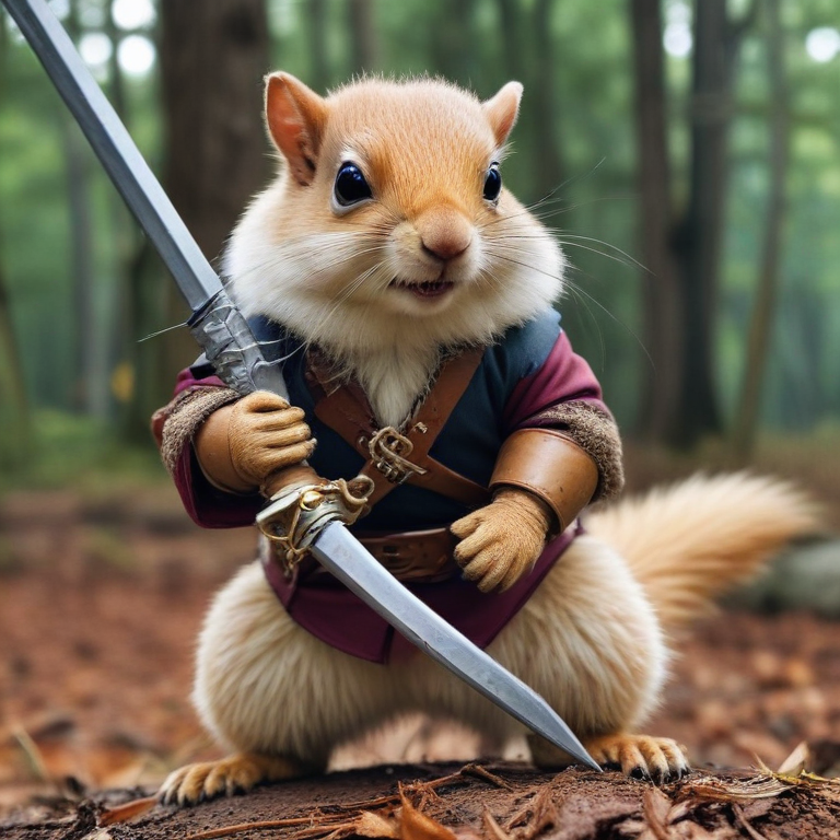 a hooded angry squirrel proudly lifts a musketeer sword in its hand ...