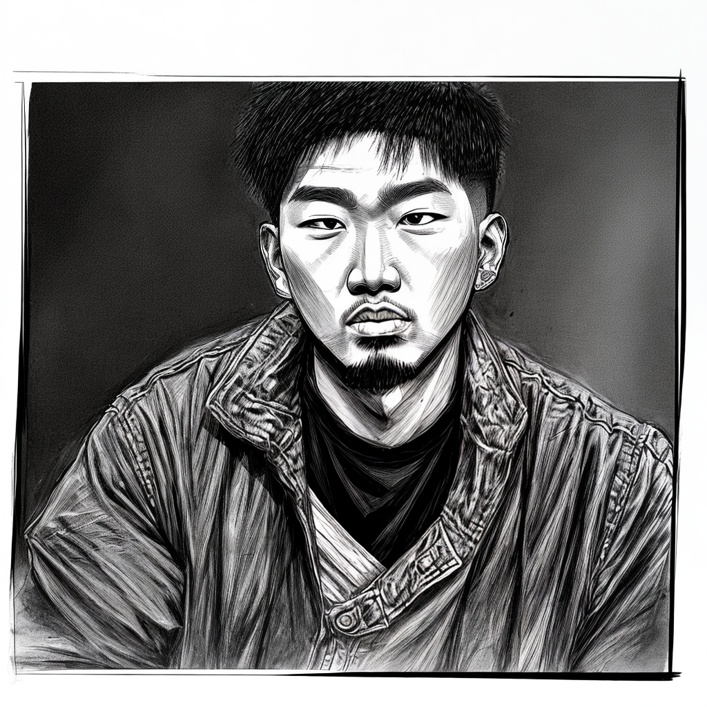 ASIAN HIP HOP RAPPER INSIDE THE BUS. COMIC BOOK. SKETCH STYLE. BLACK ...