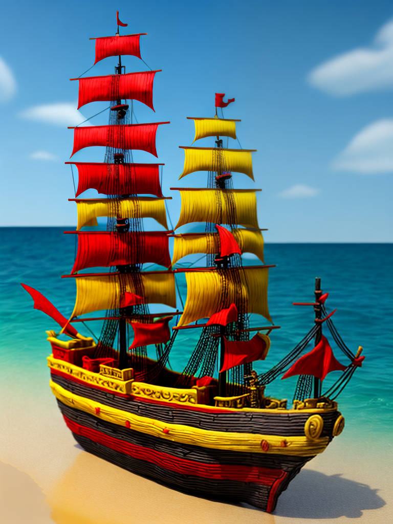 create a red and yellow pirate ship with realistic features and aged ...