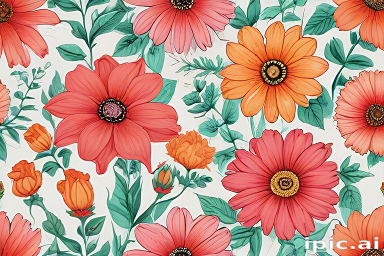 Vibrant Floral Design Featuring a Colorful Array of Blossoms and Leaves.