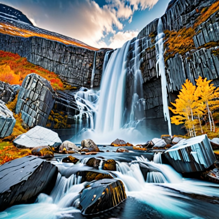 waterfall photo in autumn colors and icy rocks in arctic norway