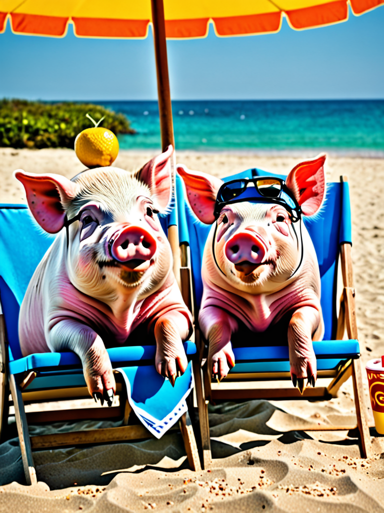 2 pigs sitting on beach chair drawing and drinking lemonade