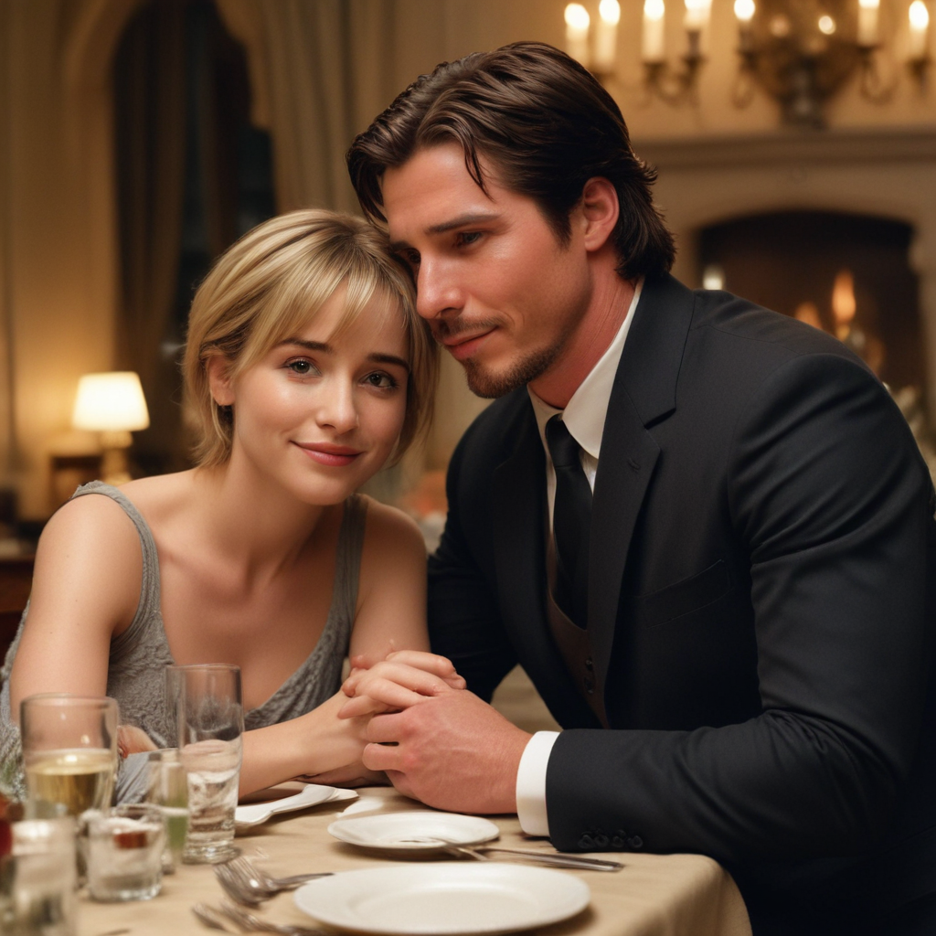 christian bale as bruce wayne and allison mack in short hair having a ...
