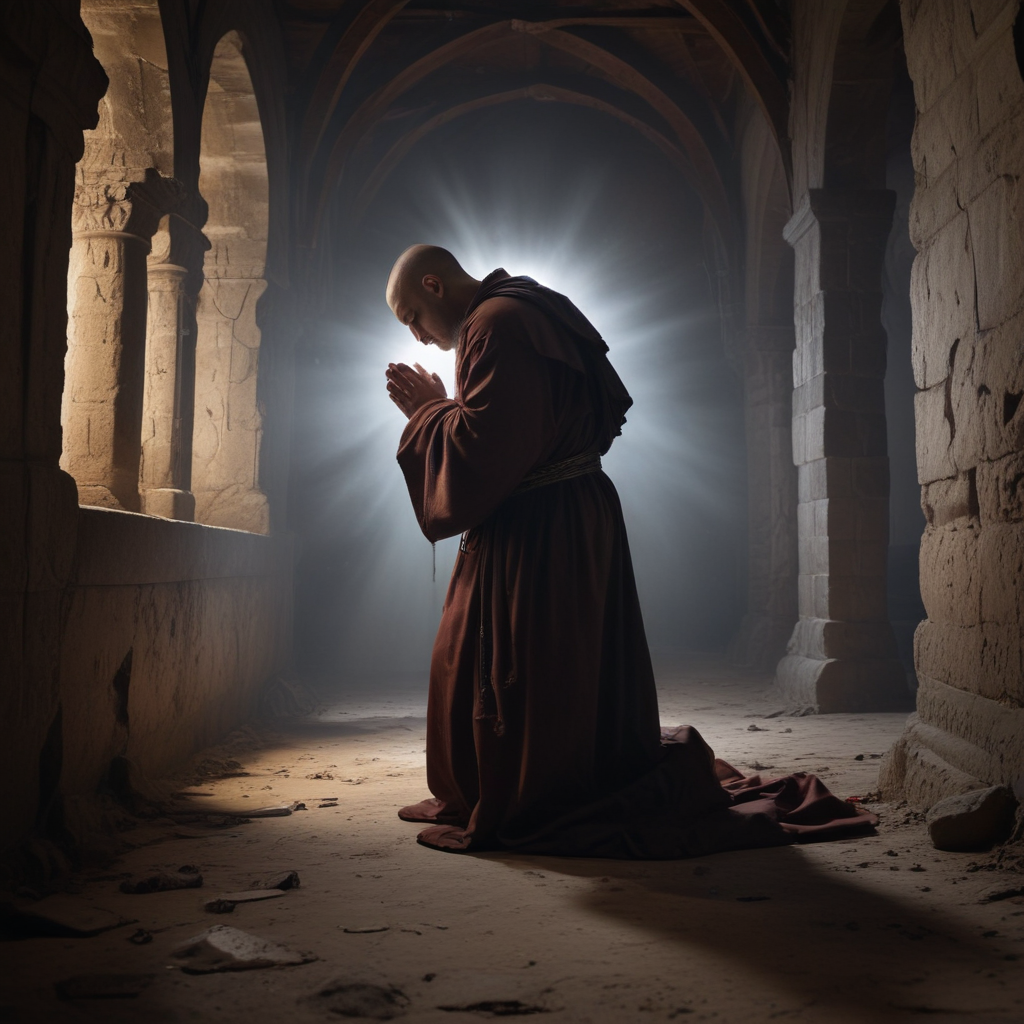 misterious praying medieval monk in darknes