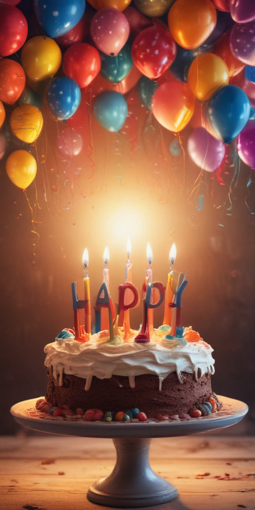 Festive Birthday Celebration with Colorful Balloons and a Delicious Cake