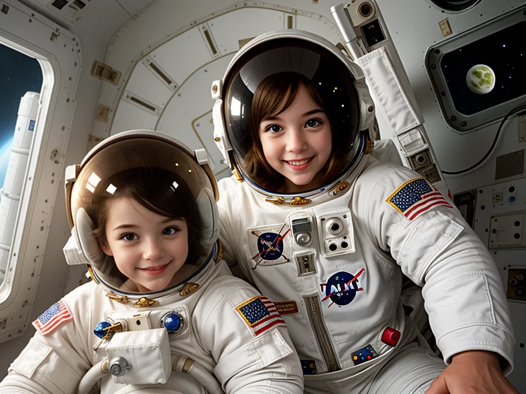 Two Young Astronauts Smiling Together Inside a Spacecraft with Earth ...