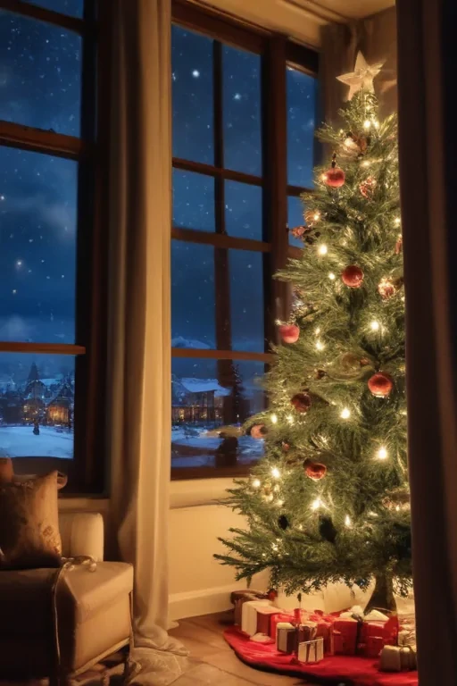 Cozy Winter Evening by the Christmas Tree with Snowy View Outside