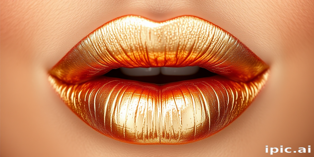 Stunning Close-Up of Glossy Golden Lips with Rich Textured Finish