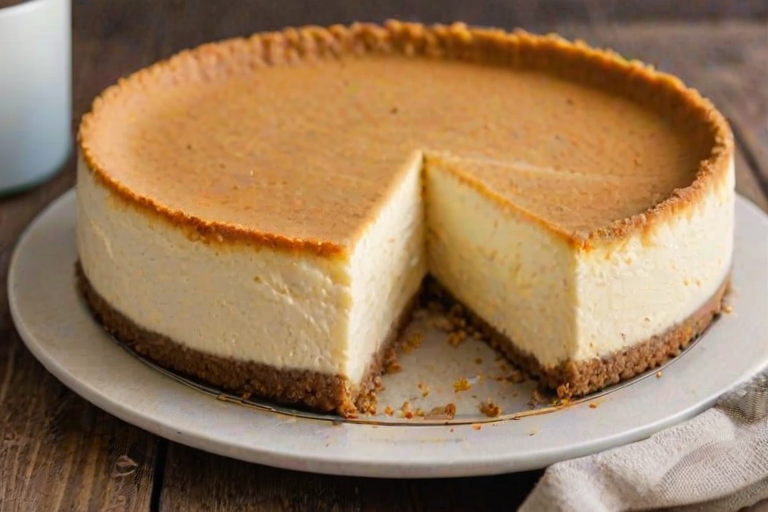 Deliciously Creamy Cheesecake with a Golden Brown Crust and Slice Removed.