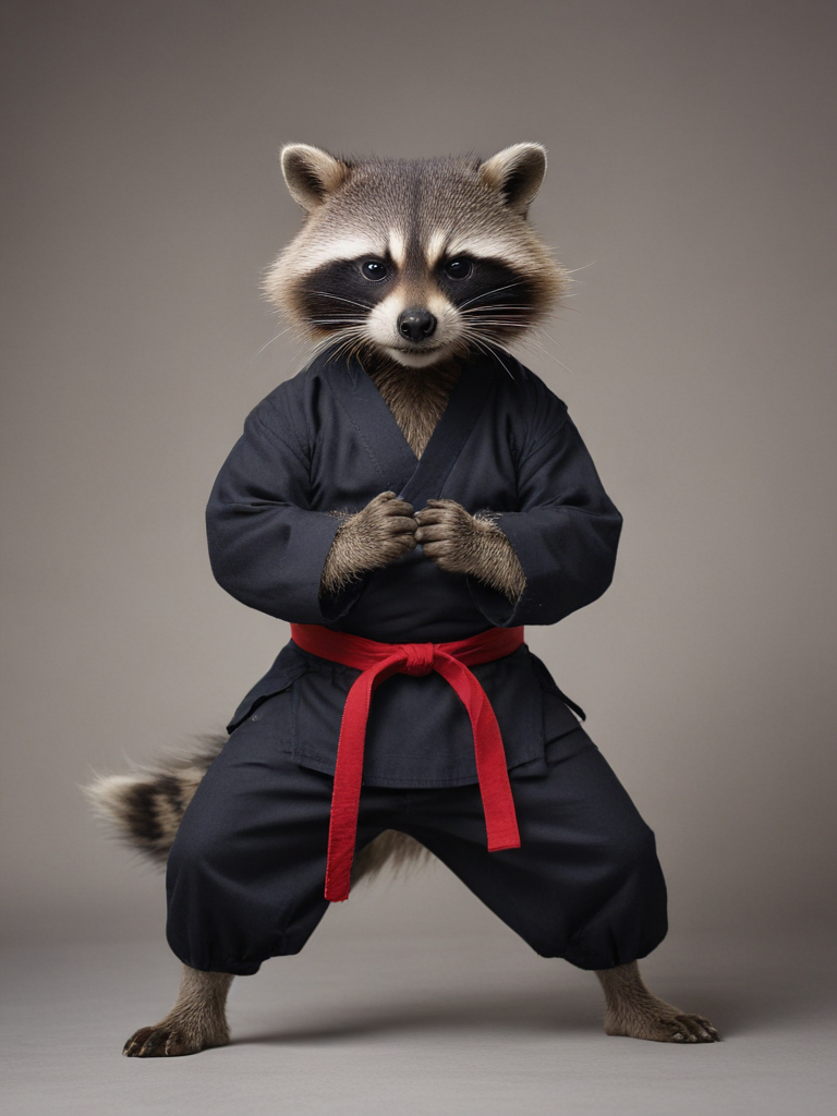 a ninja raccoon with dreadlocks and in a karate pose