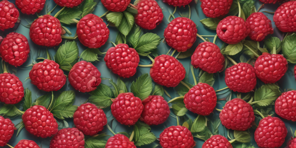 Vibrant Red Raspberries Surrounded by Lush Green Leaves on a Blue ...