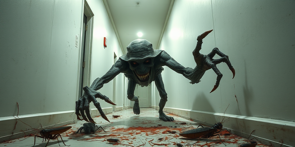 Terrifying Creature Emerging from Shadows in a Hauntingly Dark Hallway