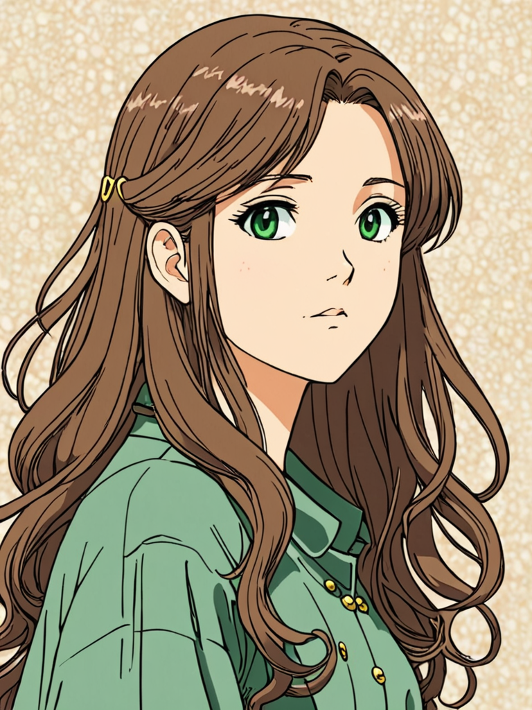 girl, manga, ghibli, cute, anime, long curly brown hair, dark green ...